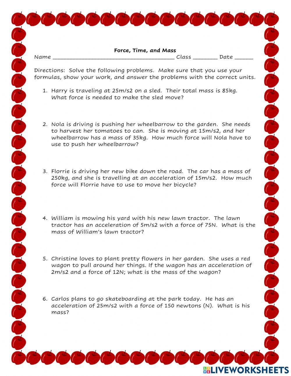 Force Mass Times Acceleration Worksheet Force Mass Times Acceleration Worksheet