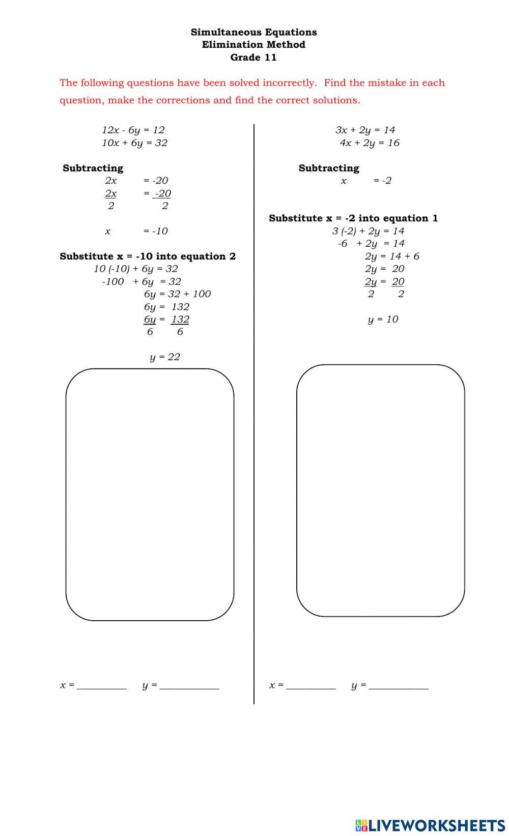 Simultaneous Equations Elimination Method Worksheet Solving A System