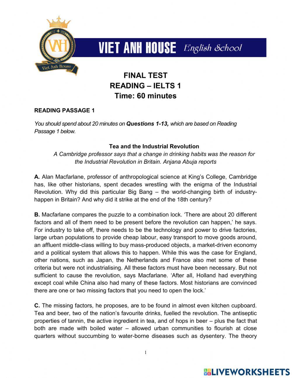 Inter IELTS 2.2.9 - Final Test Reading 1 worksheet | Live Worksheets