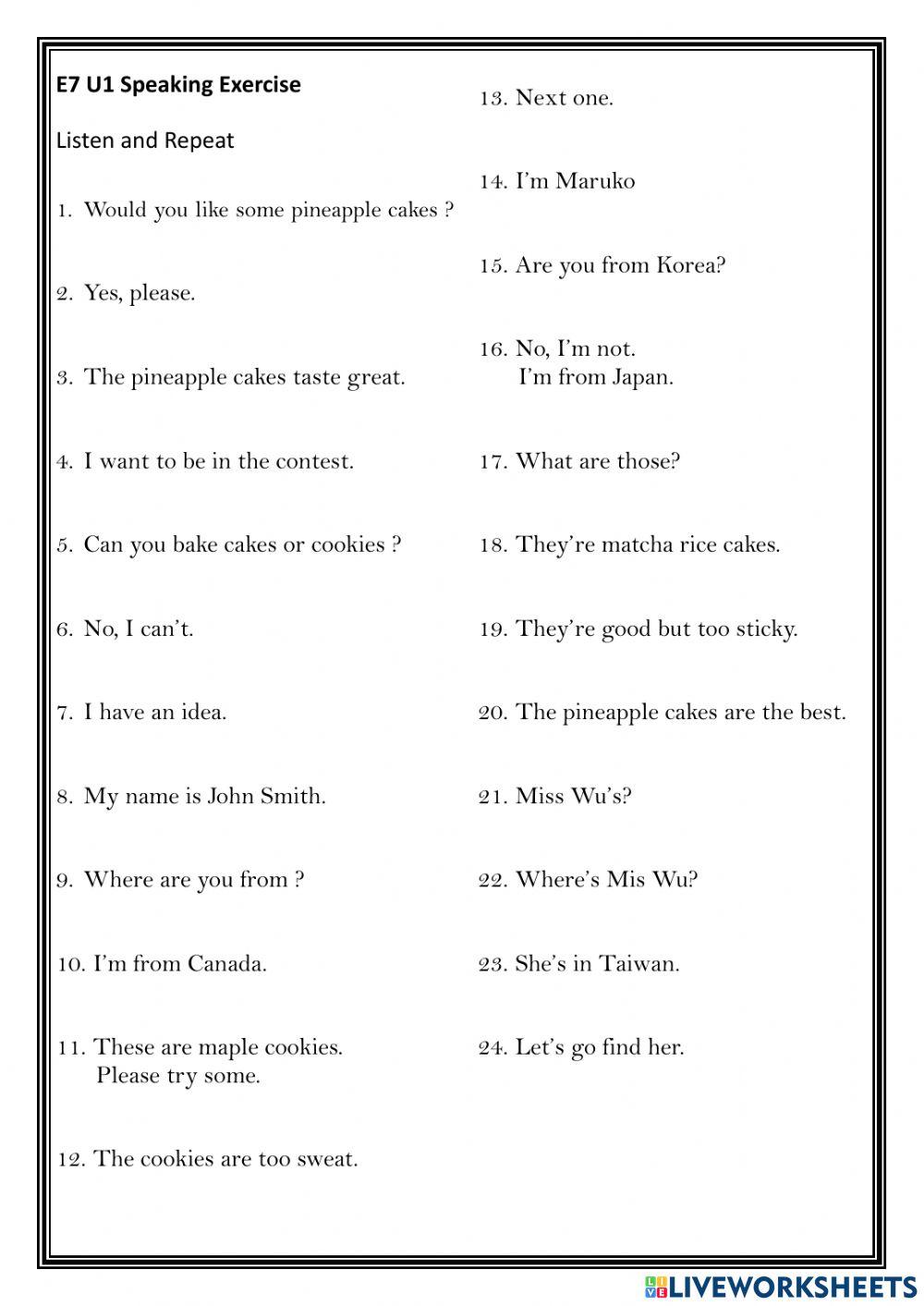 E7U1 Speaking Exercise worksheet | Live Worksheets