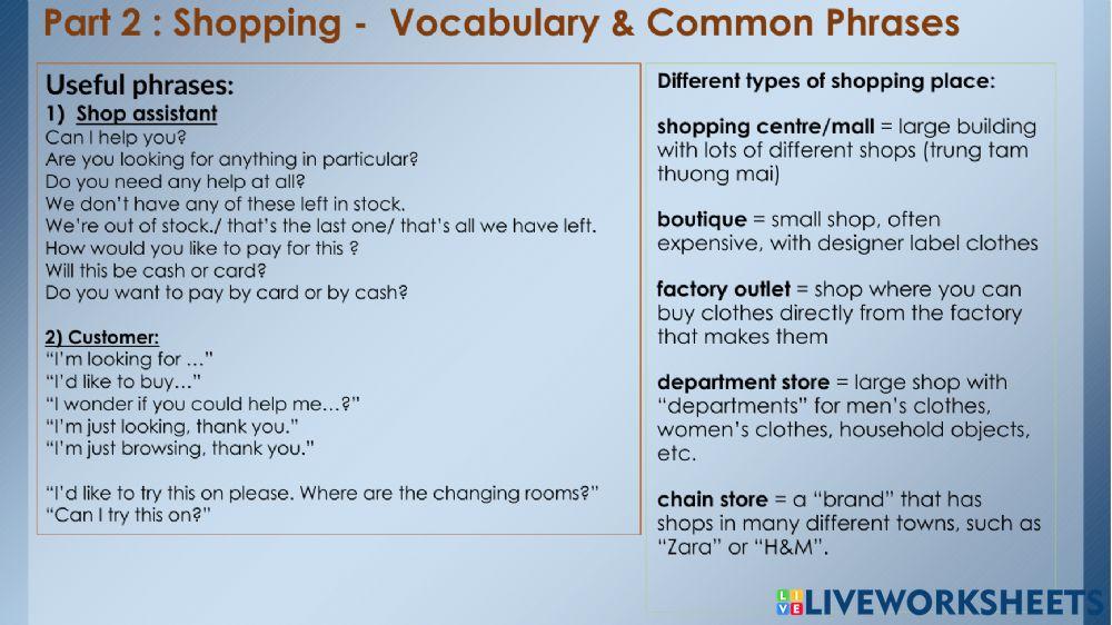 Lesson 14 shopping worksheet | Live Worksheets