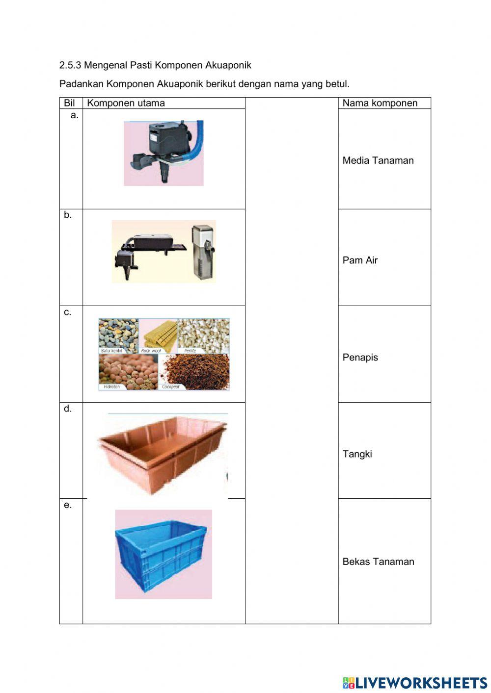Mengenal pasti komponen akuaponik worksheet | Live Worksheets