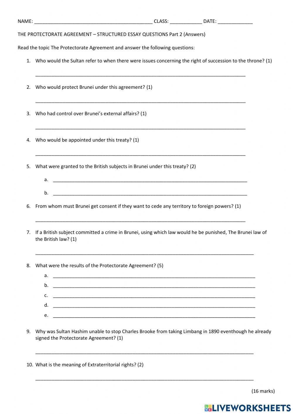 The Protectorate Agreemnt Structured Essay Questions Part 1 worksheet ...