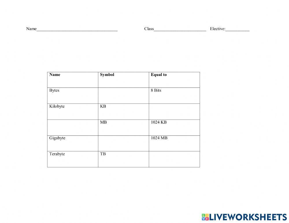 Unit of Storage | Free Interactive Worksheets | 1445741