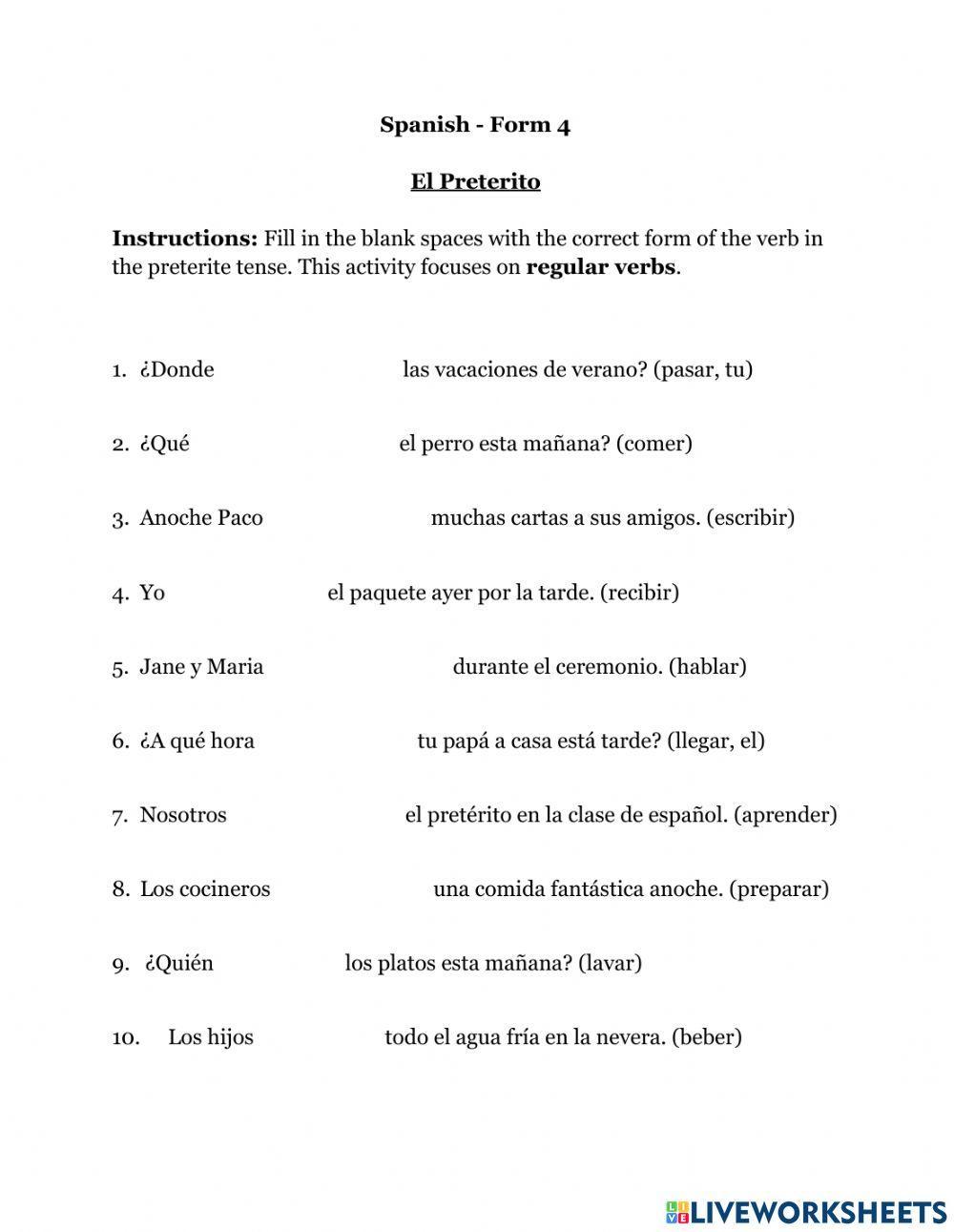 Preterito - Reg… | Free Interactive Worksheets | 1446323