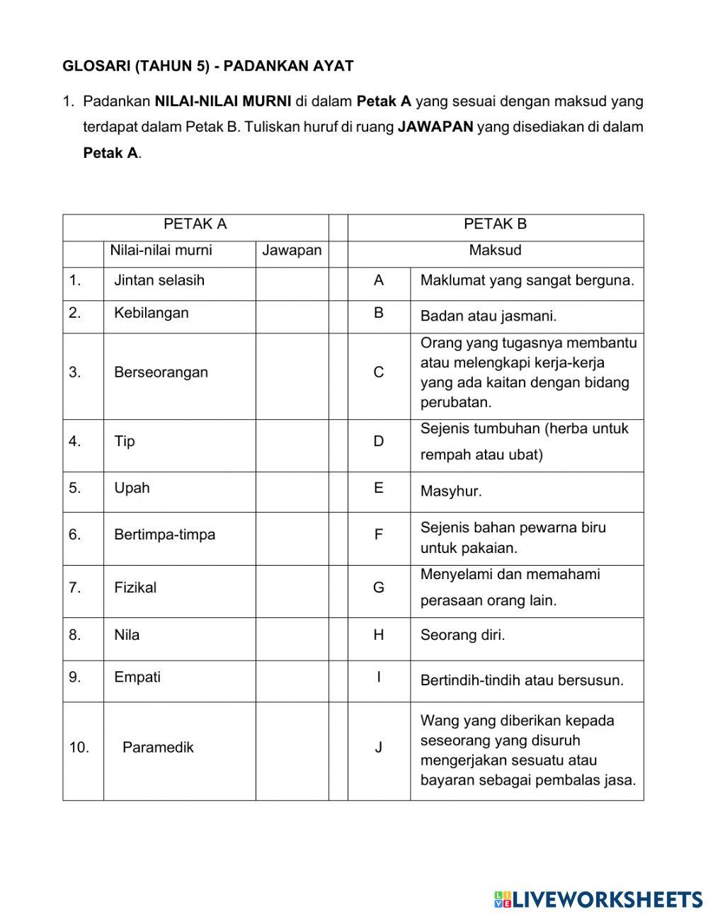 Glosari 1446561 | cikguctrokiah | Live Worksheets