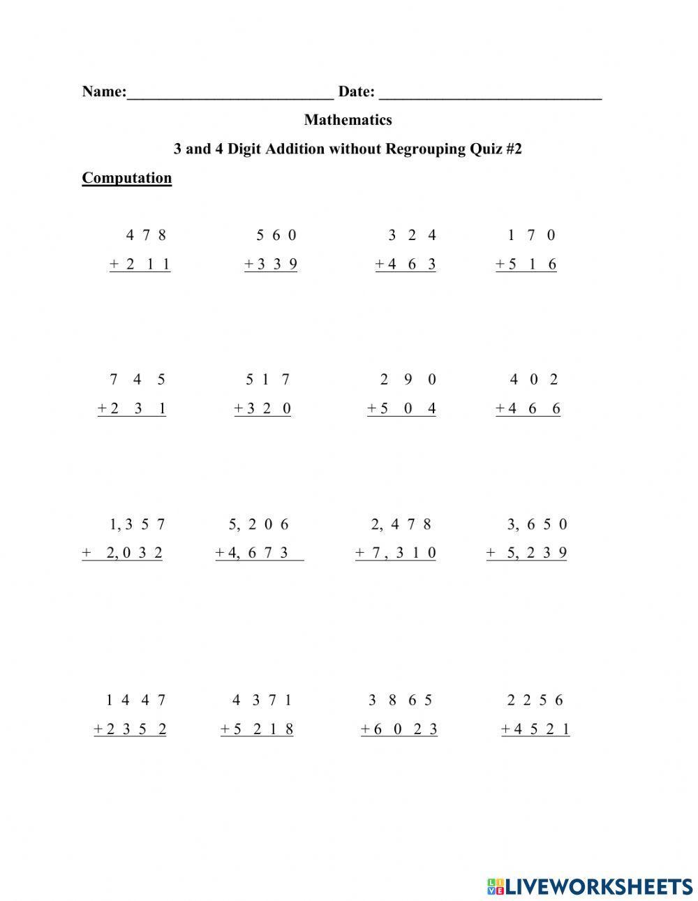 3 & 4 digit add… | Free Interactive Worksheets | 1446910
