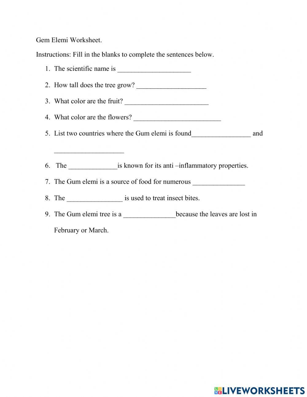 The Gum elemi Worksheet 6726291 | Keturah Charlow