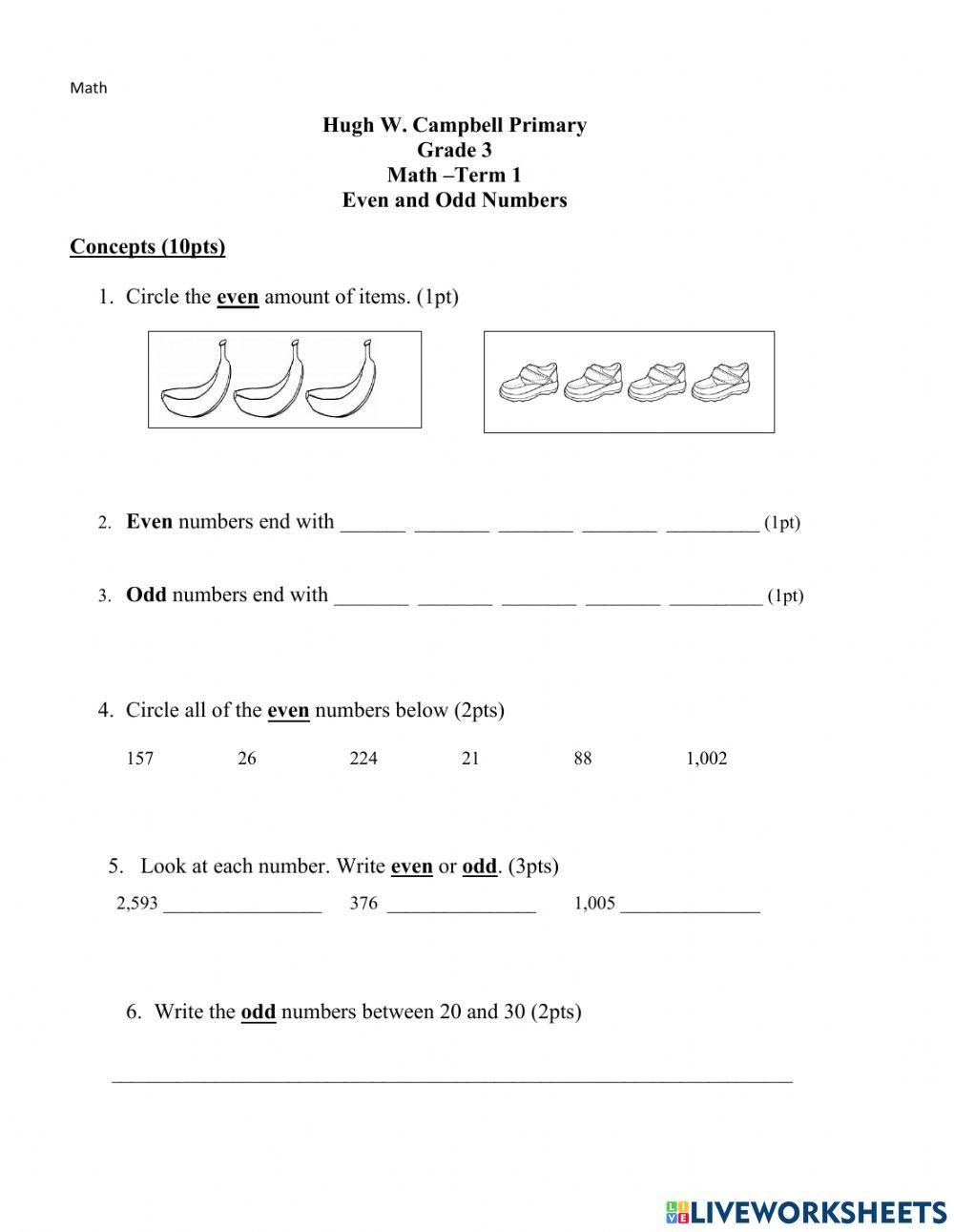 Even and Odd Numbers Assessment 1450408 | gaynellamw