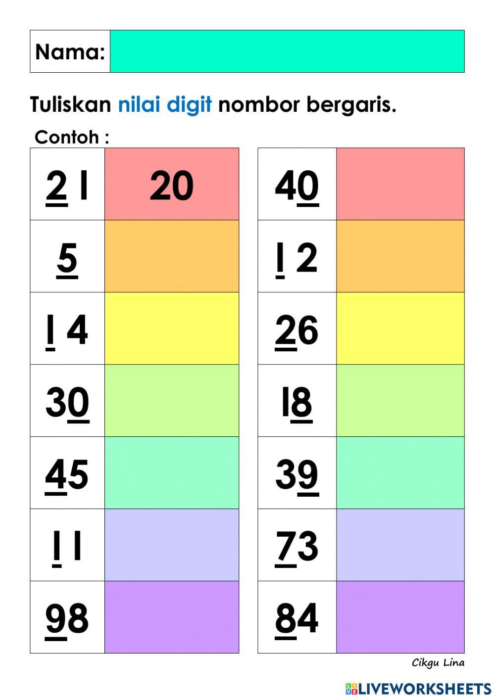 Nilai Digit Tahun 1 interactive worksheet | Live Worksheets