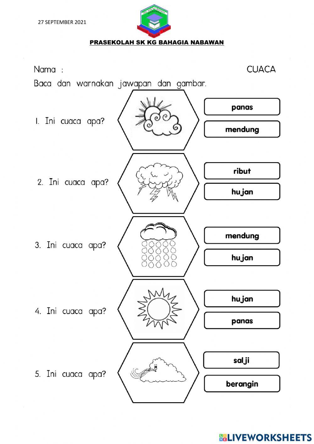 Cuaca exercise for PRASEKOLAH | Live Worksheets