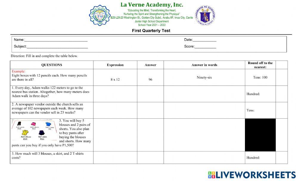Quarterly Test worksheet | Live Worksheets