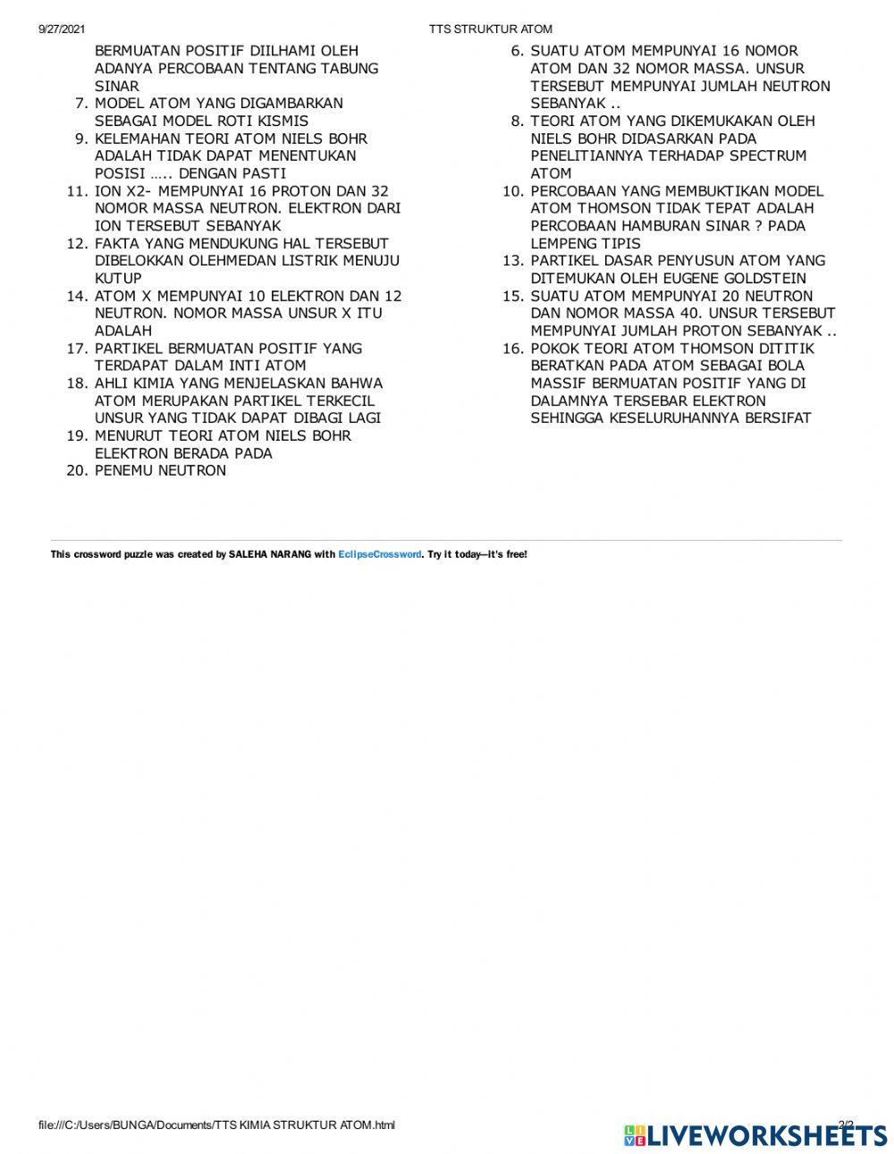 Tts kimia struktur atom worksheet | Live Worksheets