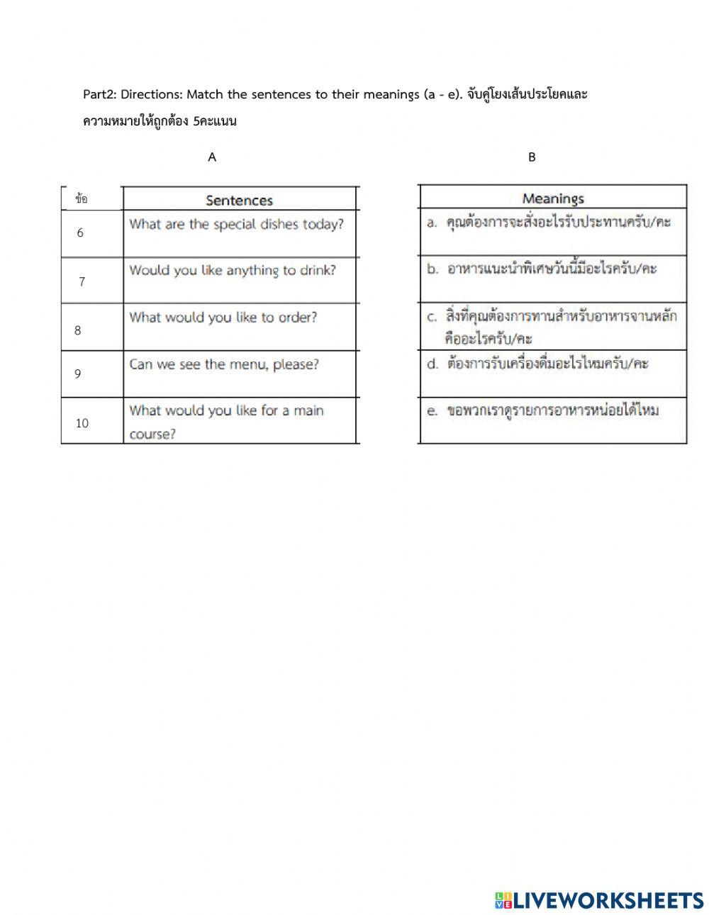 แบบทดสอบ Ordering Food 4074155 | Patcharee9976 | Live