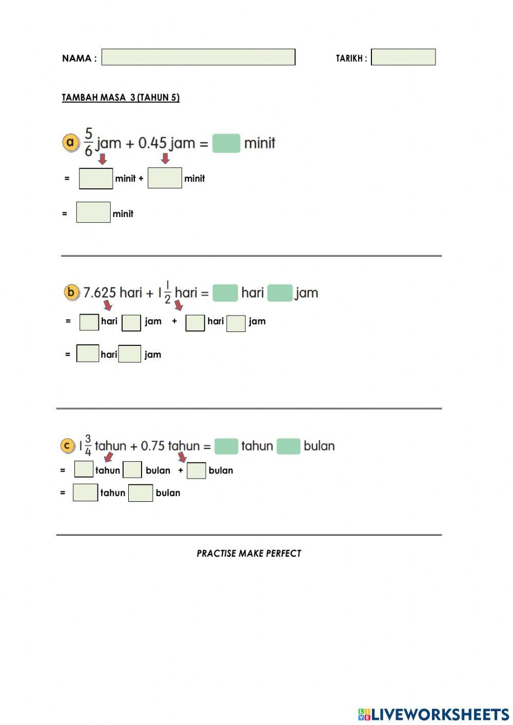 Tambah masa 3 interactive worksheet | Live Worksheets