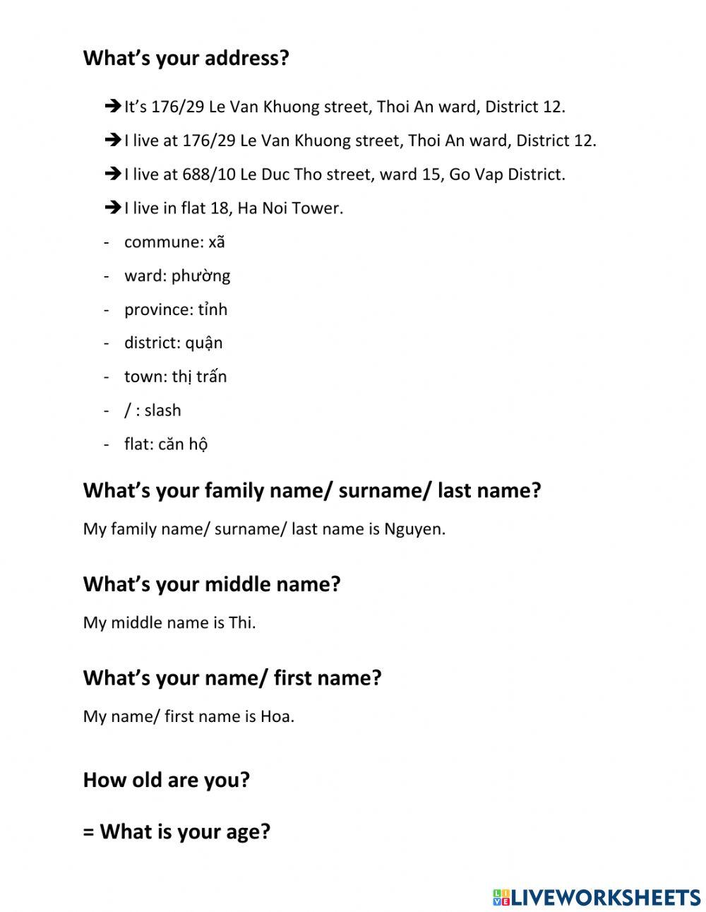 Unit 1 grade 7 address age name worksheet | Live Worksheets