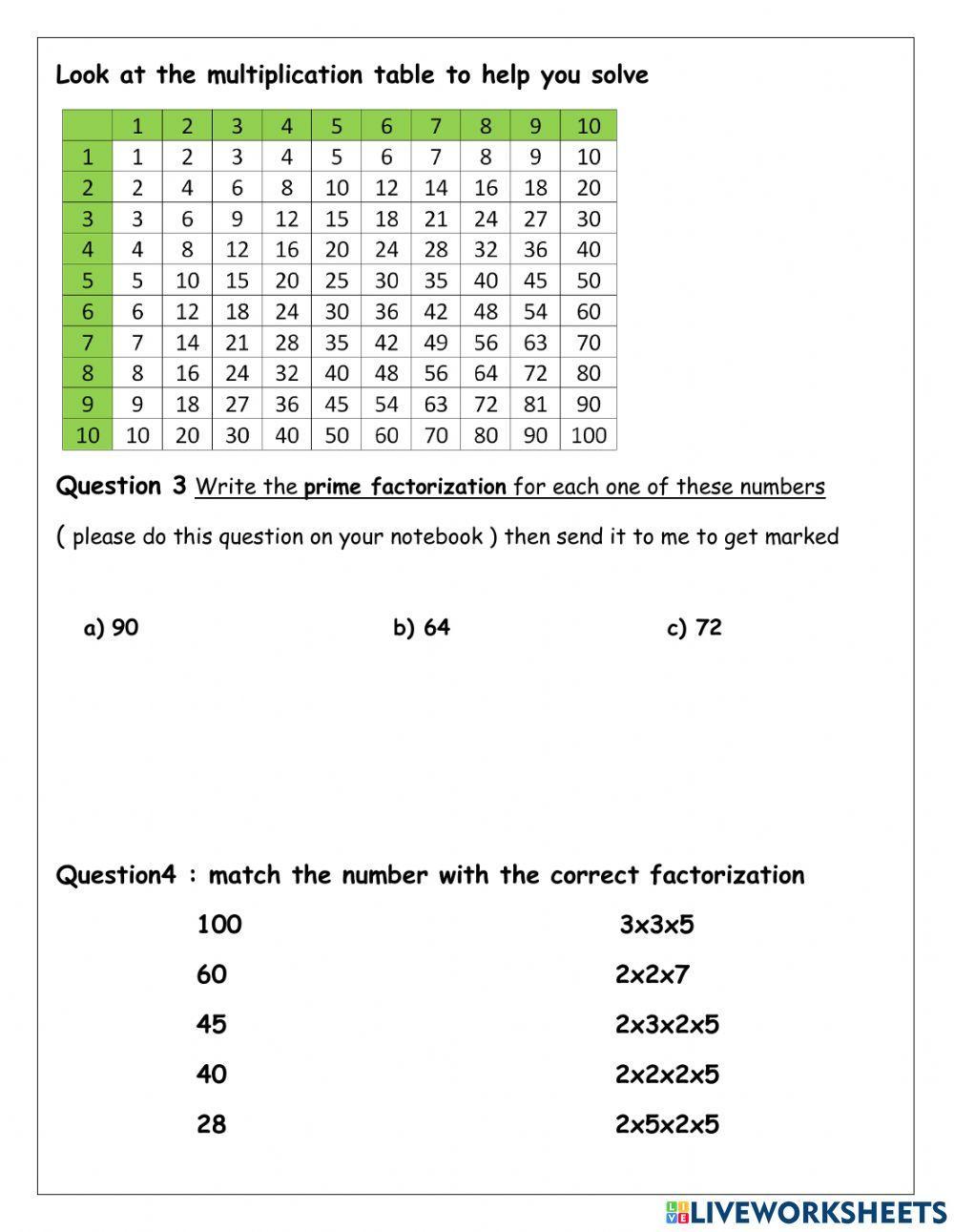 Prime factorization interactive activity for 4-7 | Live Worksheets