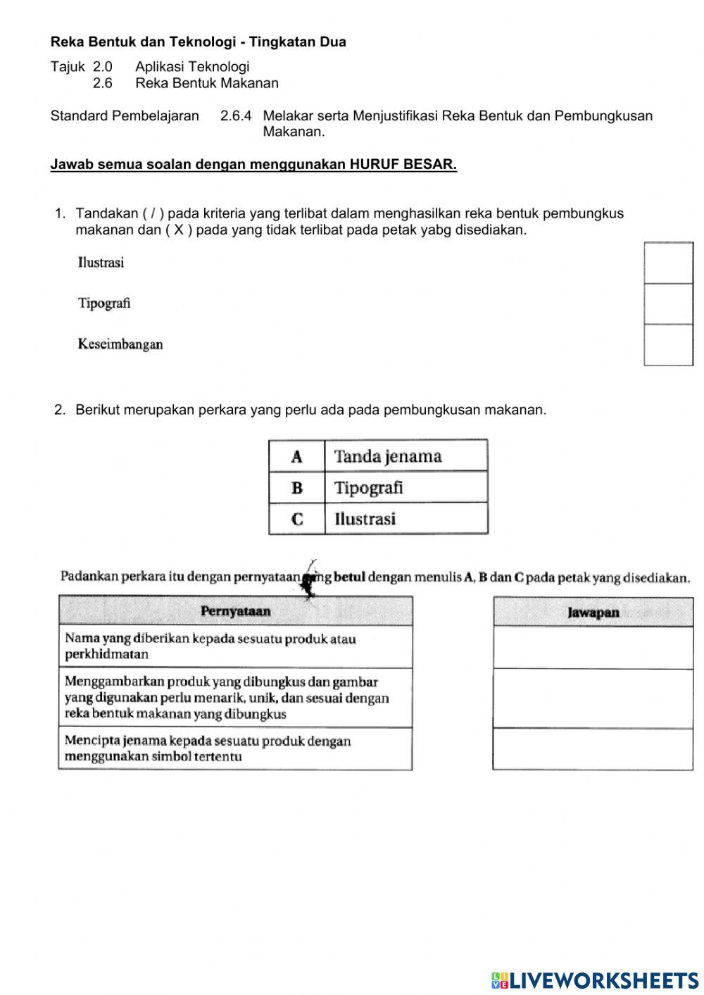 RBT T2 Reka Bentuk Makanan online worksheet | Live Worksheets
