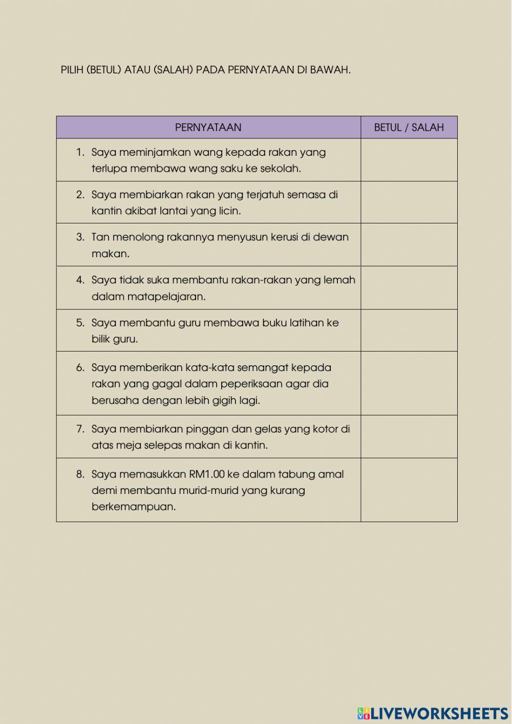 Baik hati Pendidikan Moral exercise | Live Worksheets