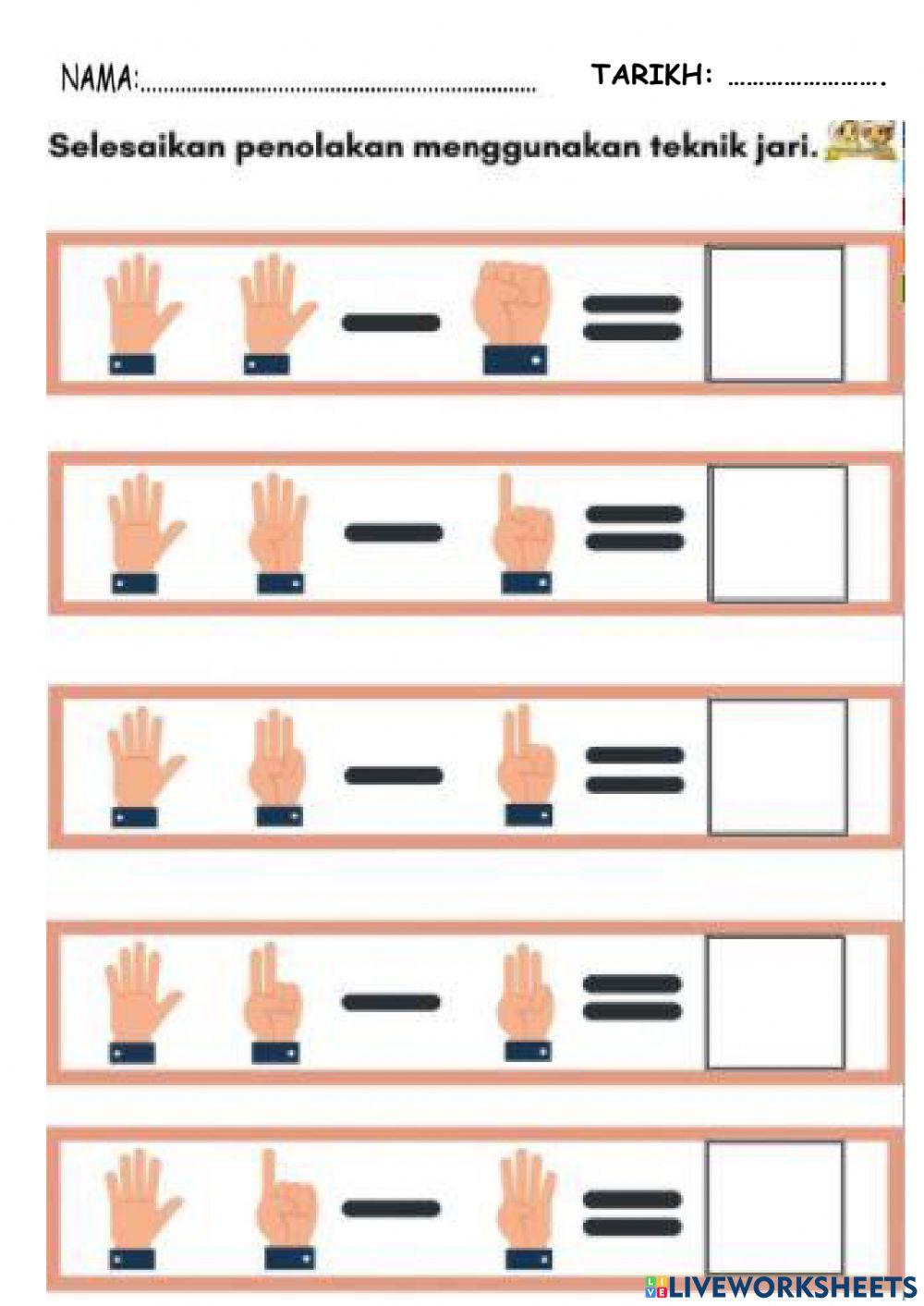 Selesaikan Tolak Menggunakan Jari worksheet | Live Worksheets