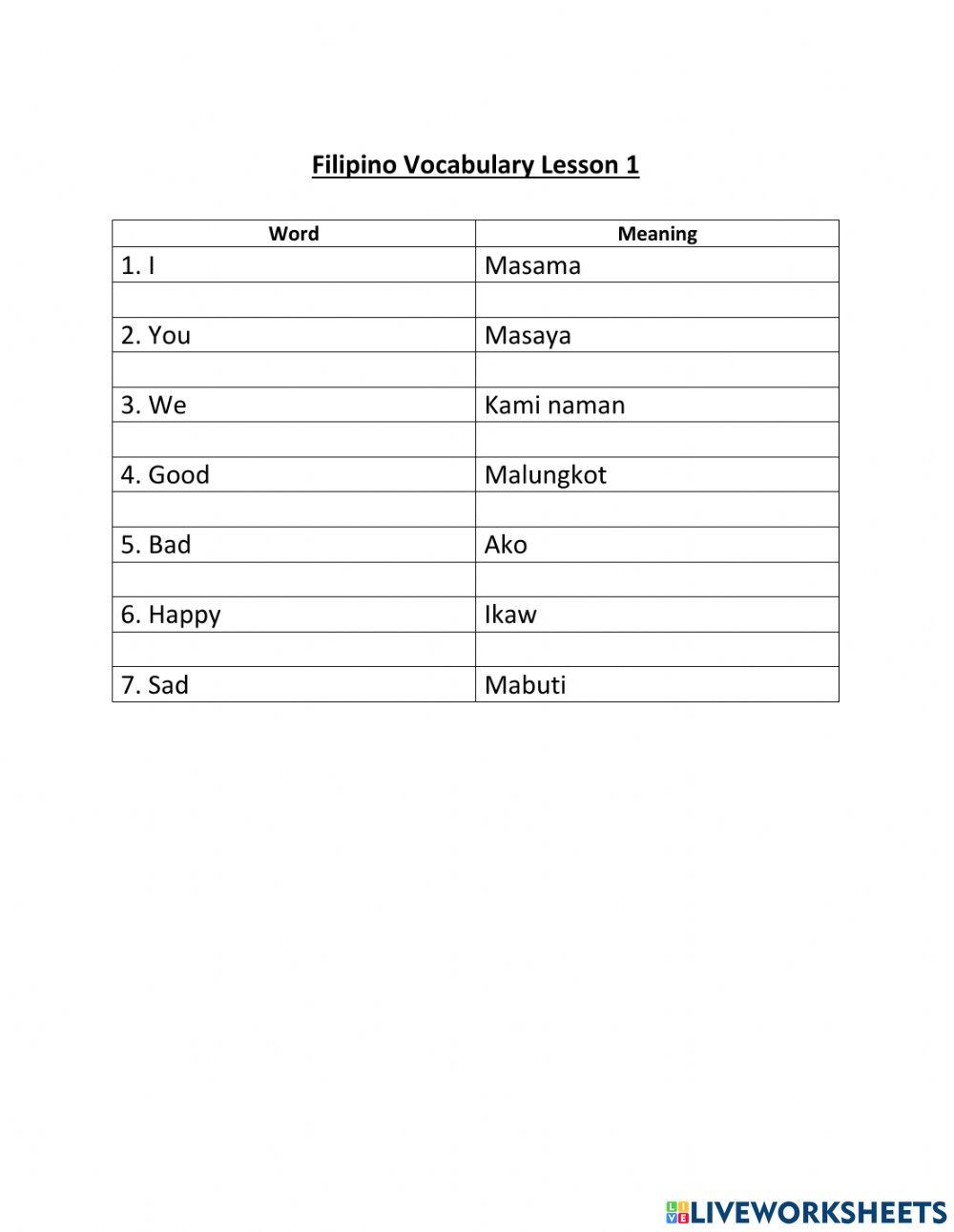 Filipino Vocabulary Lesson 1 Worksheet Live Worksheets filipino-vocabulary-lesson-1-worksheet-live-worksheets