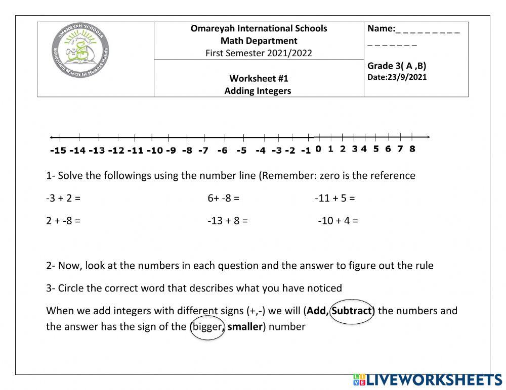 1451262 | Adding integers | hudafaris88 | LiveWorksheets