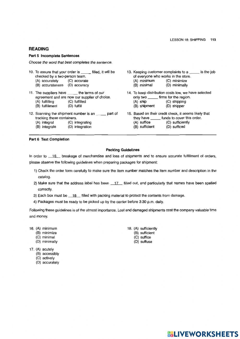 Toeic - Vocab - Unit 18 - Reading Ex worksheet | Live Worksheets