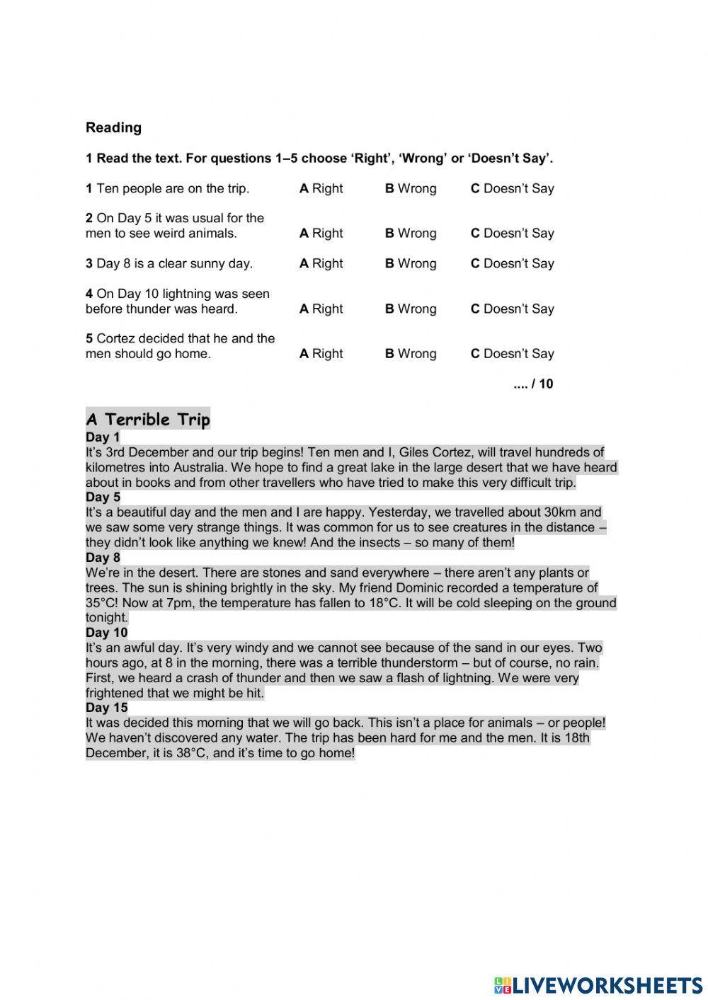 Unit 8 Laser A2 reading worksheet | Live Worksheets