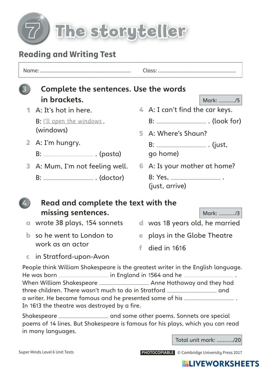 Tests 7 Super Minds 5 online exercise for | Live Worksheets