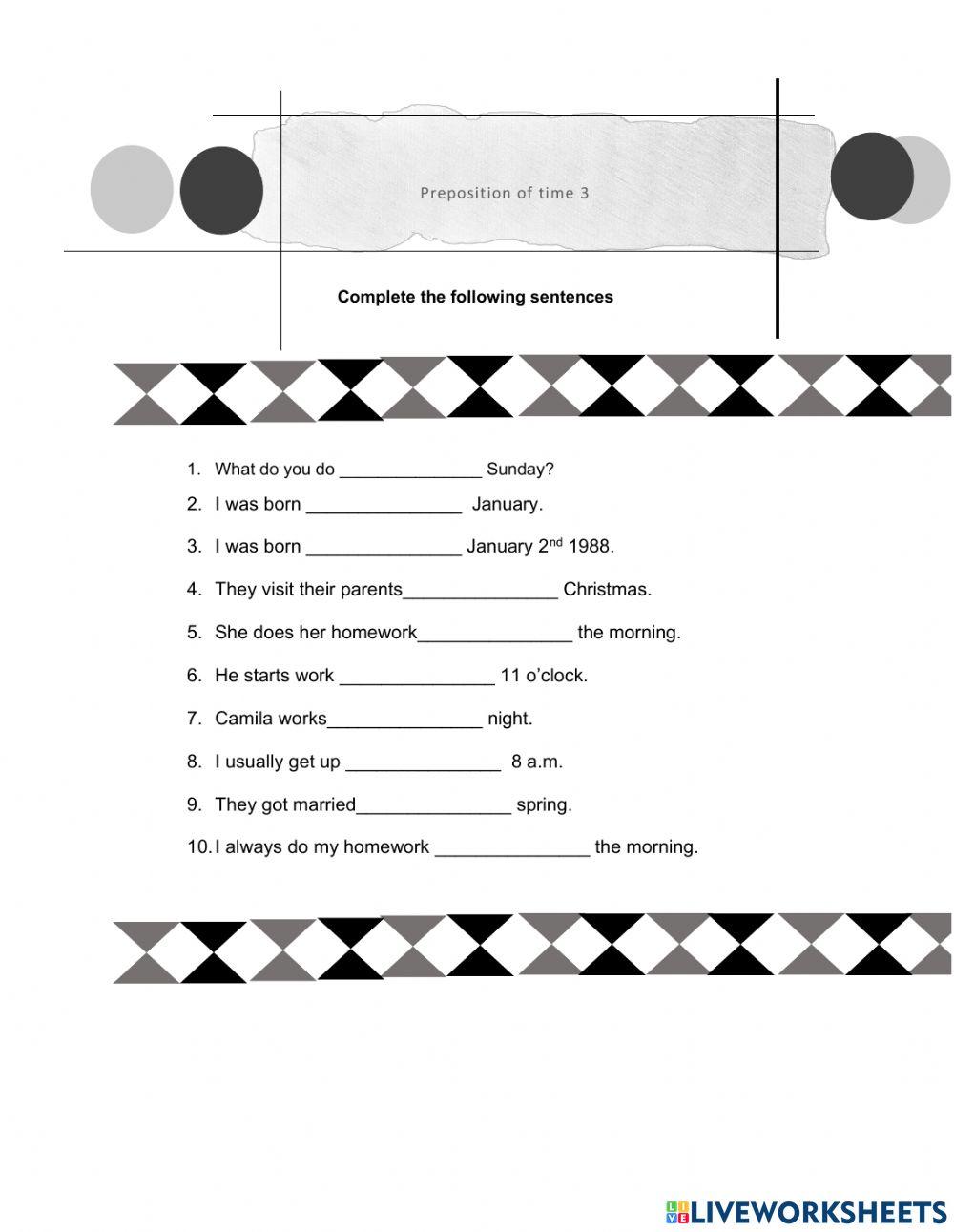 Preposition of time 3 worksheet | Live Worksheets