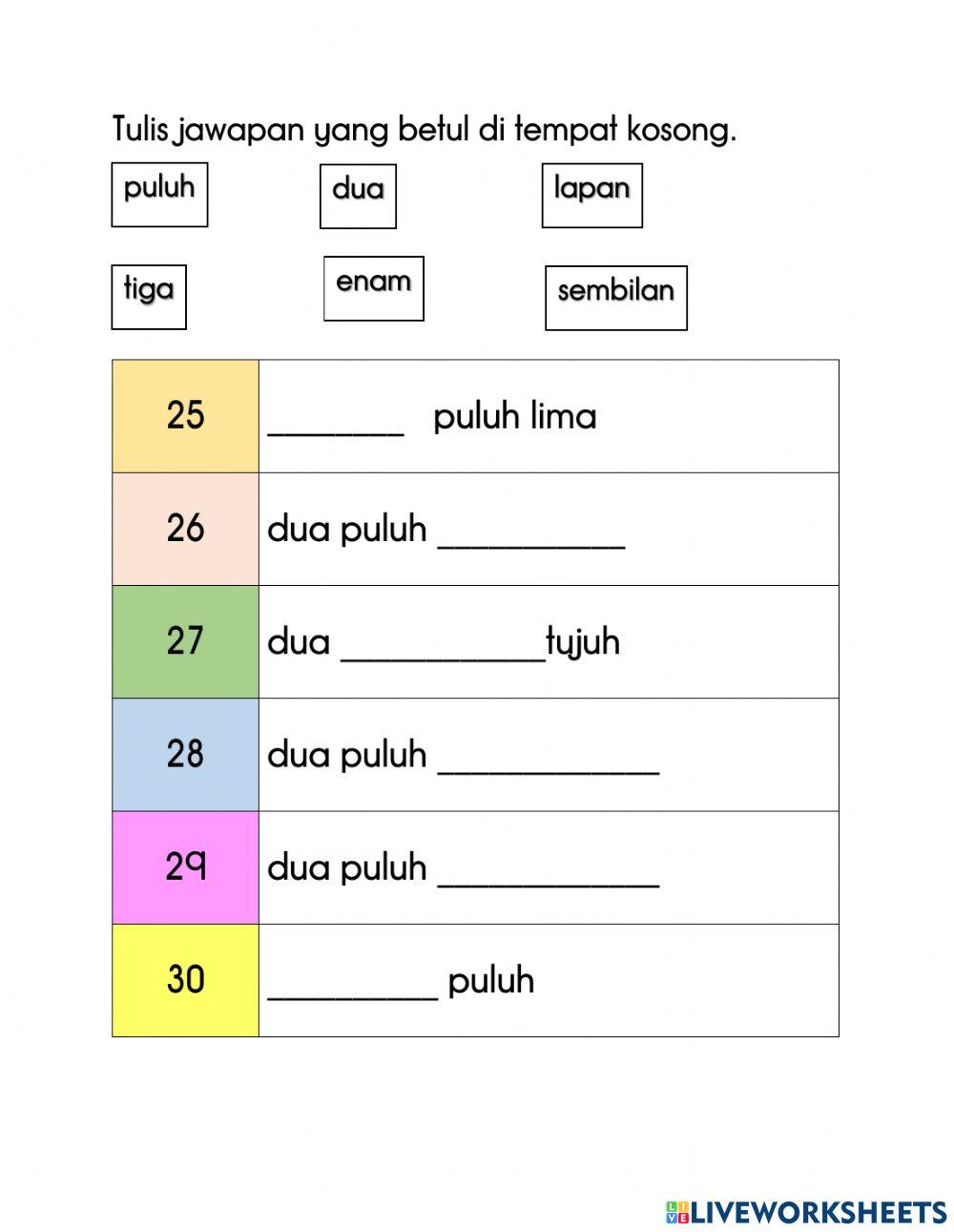 Nombor 20 hingga 30 online exercise | Live Worksheets