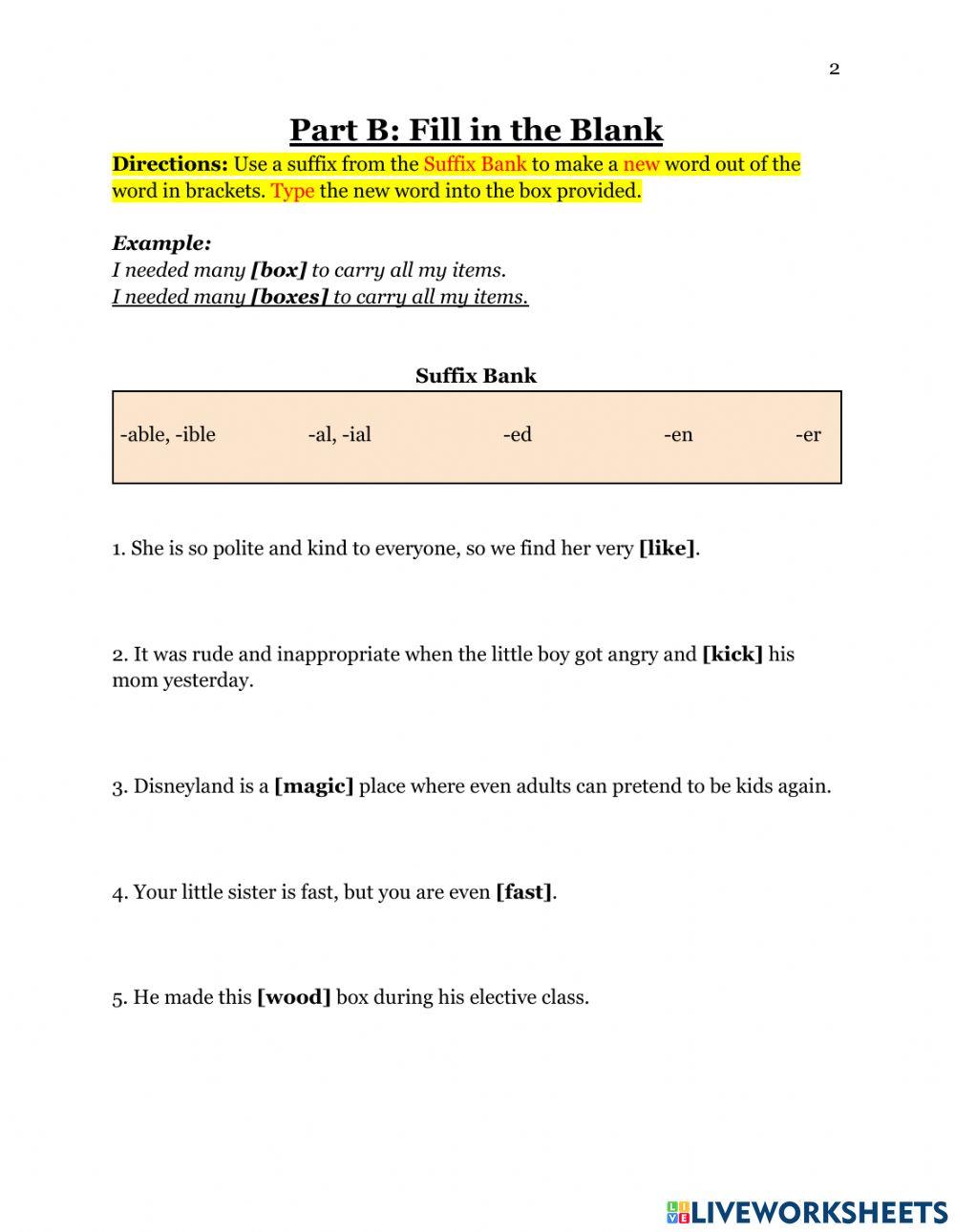 Suffixes 1 worksheet | Live Worksheets