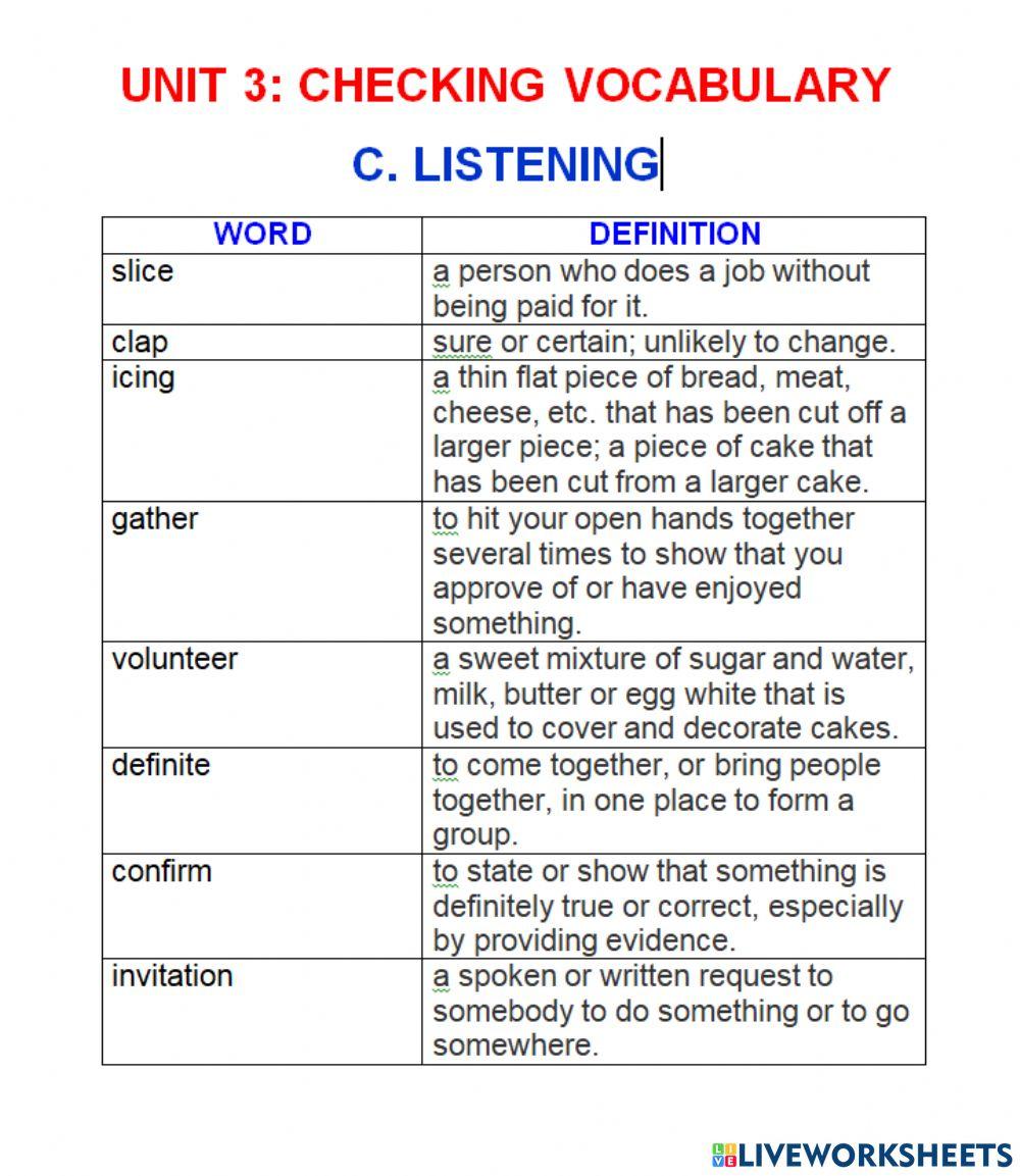 Unit 3: checking vocabulary interactive worksheet | Live Worksheets
