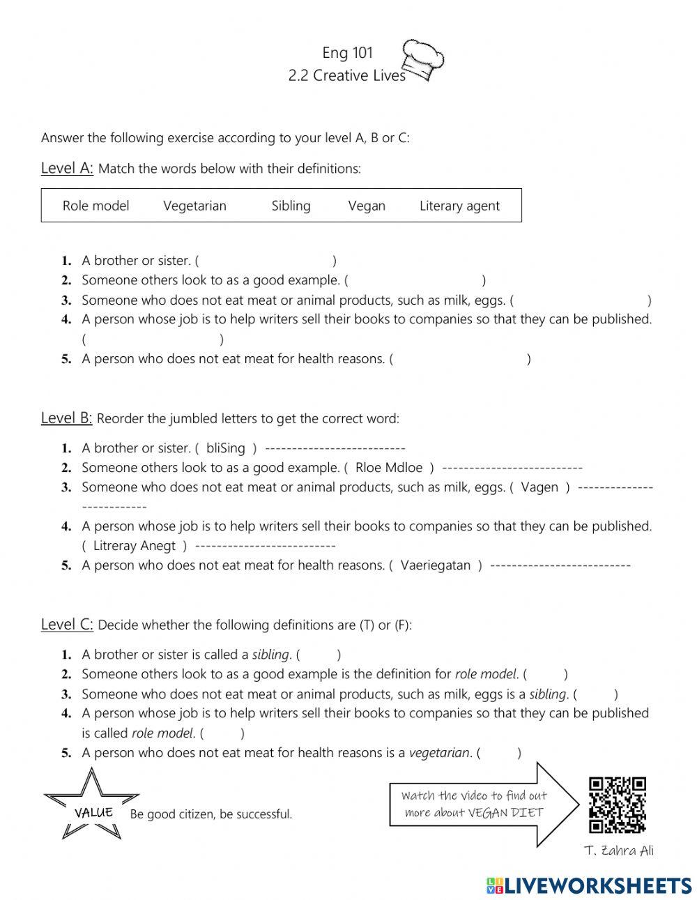 CREATIVE LIVES differentiated worksheet online exercise for | Live ...