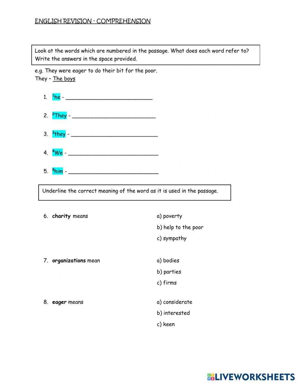 ENGLISH REVISION YEAR 6 - COMPREHENSION (29-9-2021) online exercise for ...