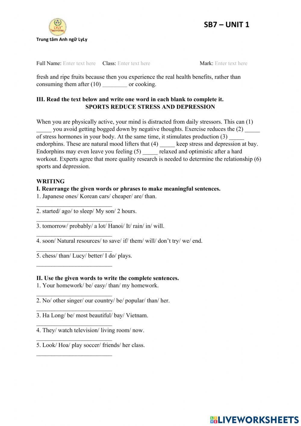 G7- UNIT 2- practice test worksheet | Live Worksheets