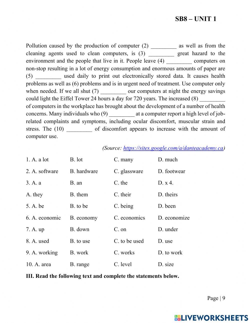 G8- UNIT 1- Reading worksheet | Live Worksheets