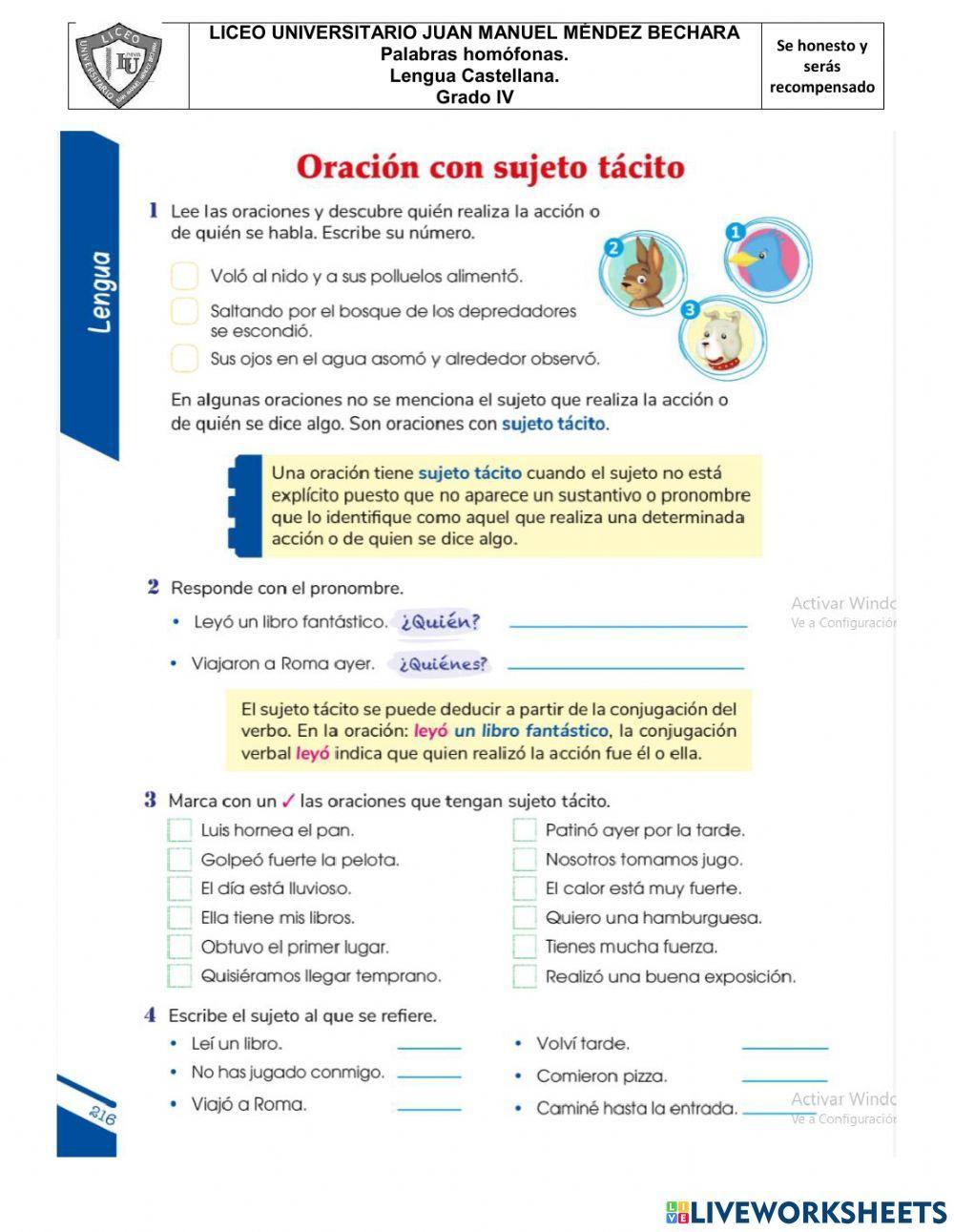 Oración con suj… | Free Interactive Worksheets | 1455942