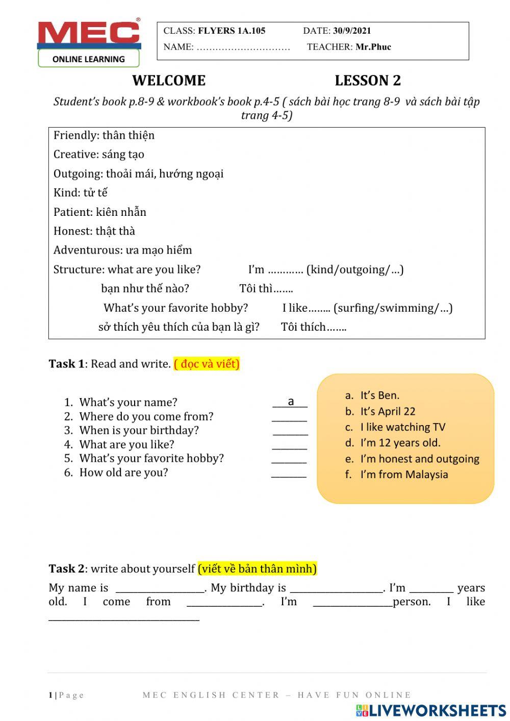 Welcome 2 exercise | Live Worksheets