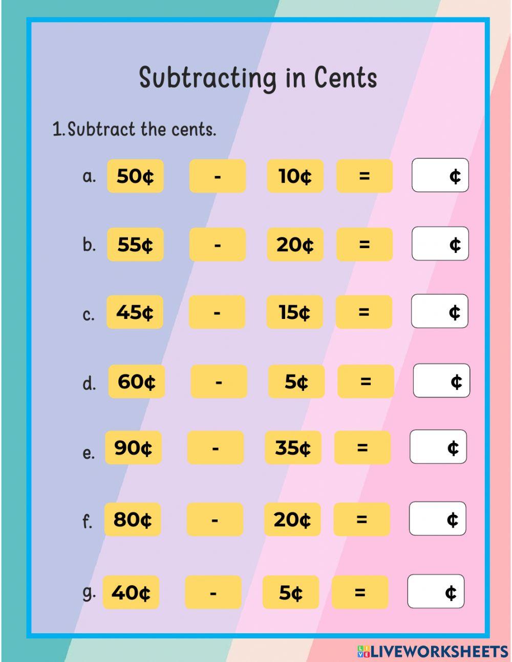 Subtract in cents worksheet | Live Worksheets