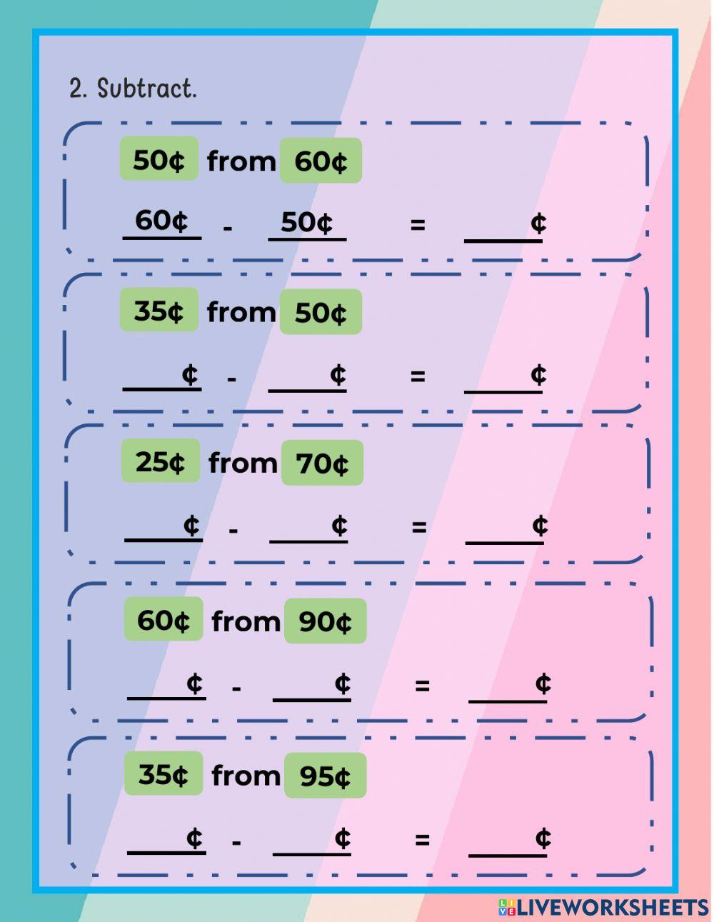 Subtract in cents worksheet | Live Worksheets