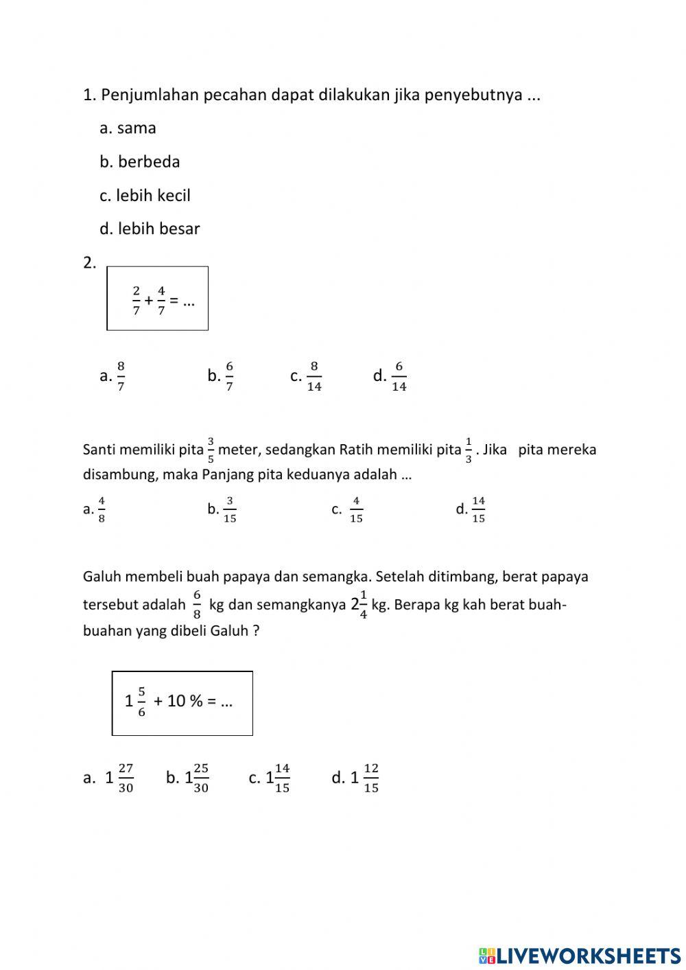 Penjumlahan pecahan online worksheet for 5 | Live Worksheets