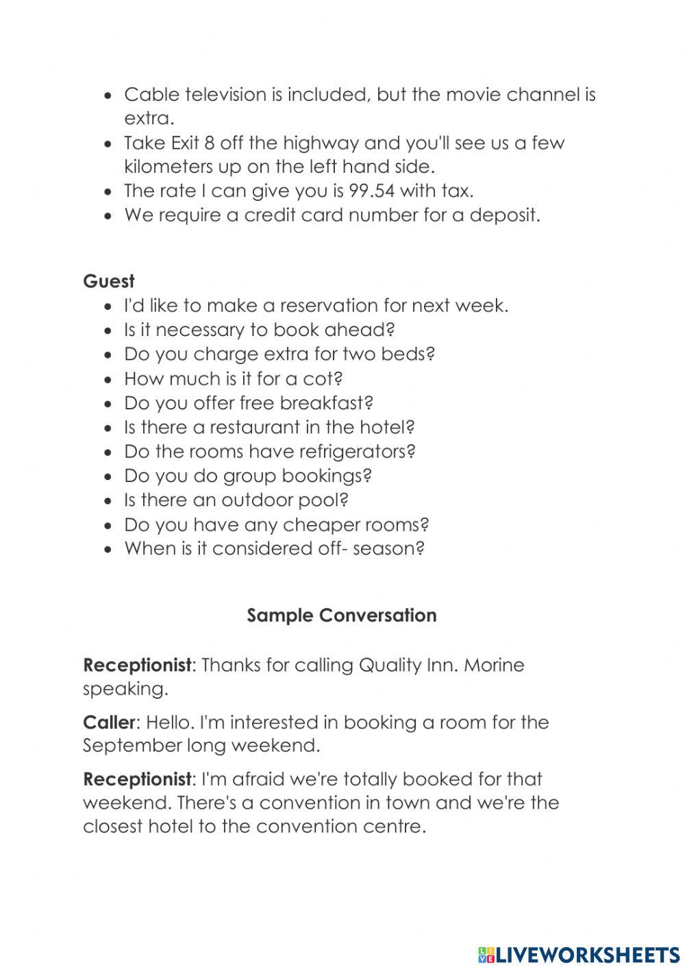 RESERVATION AT A HOTEL worksheet | Live Worksheets