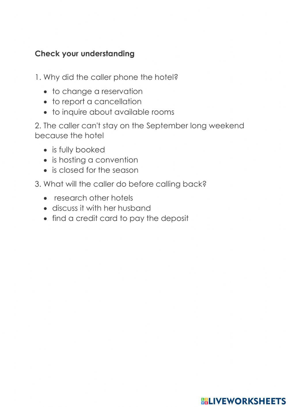 RESERVATION AT A HOTEL worksheet | Live Worksheets