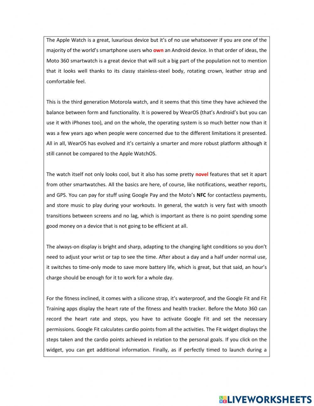 Unit 6 Reading 1 Moto 360 worksheet | Live Worksheets