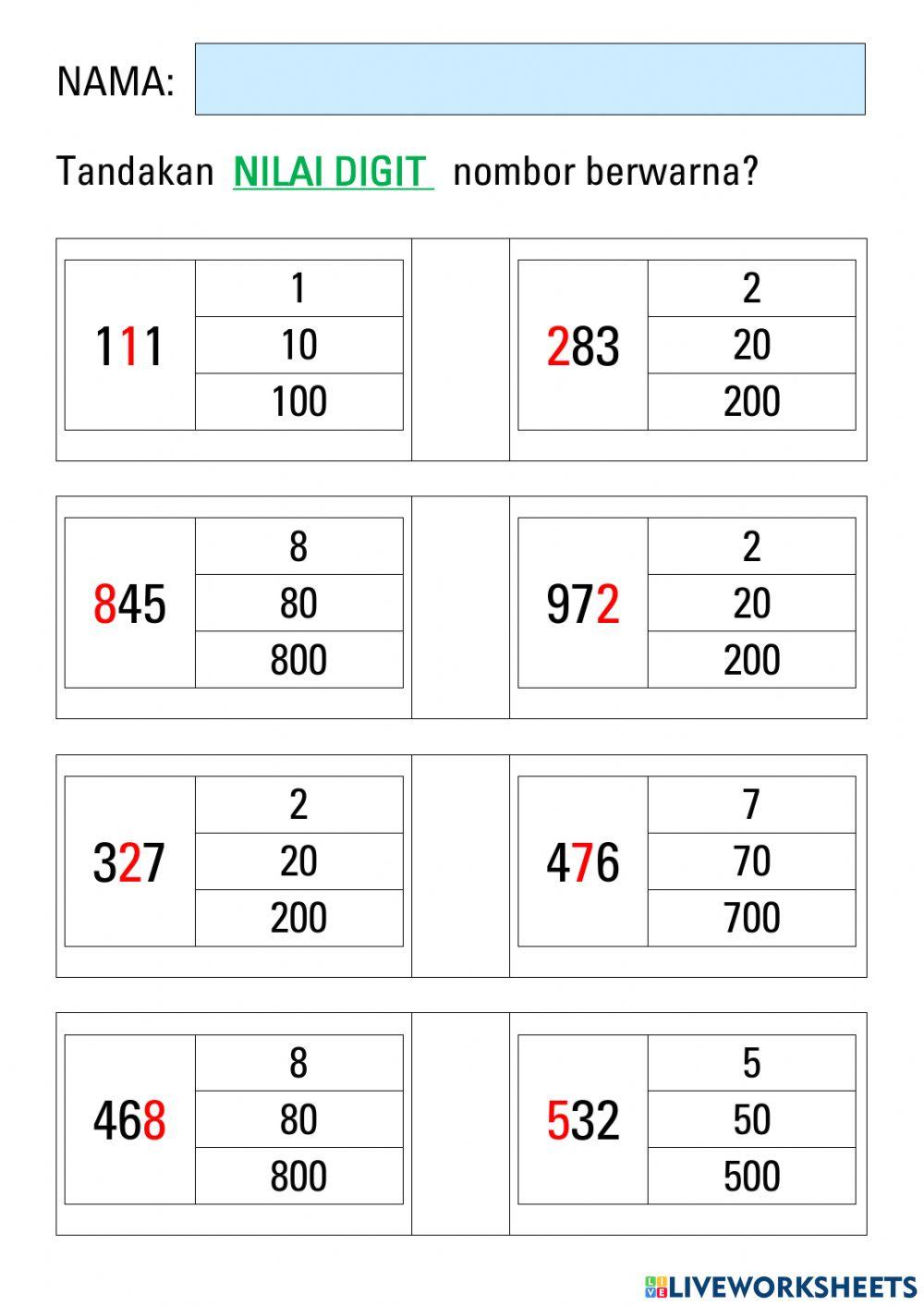 Pdf online activity: Nilai digit | Live Worksheets