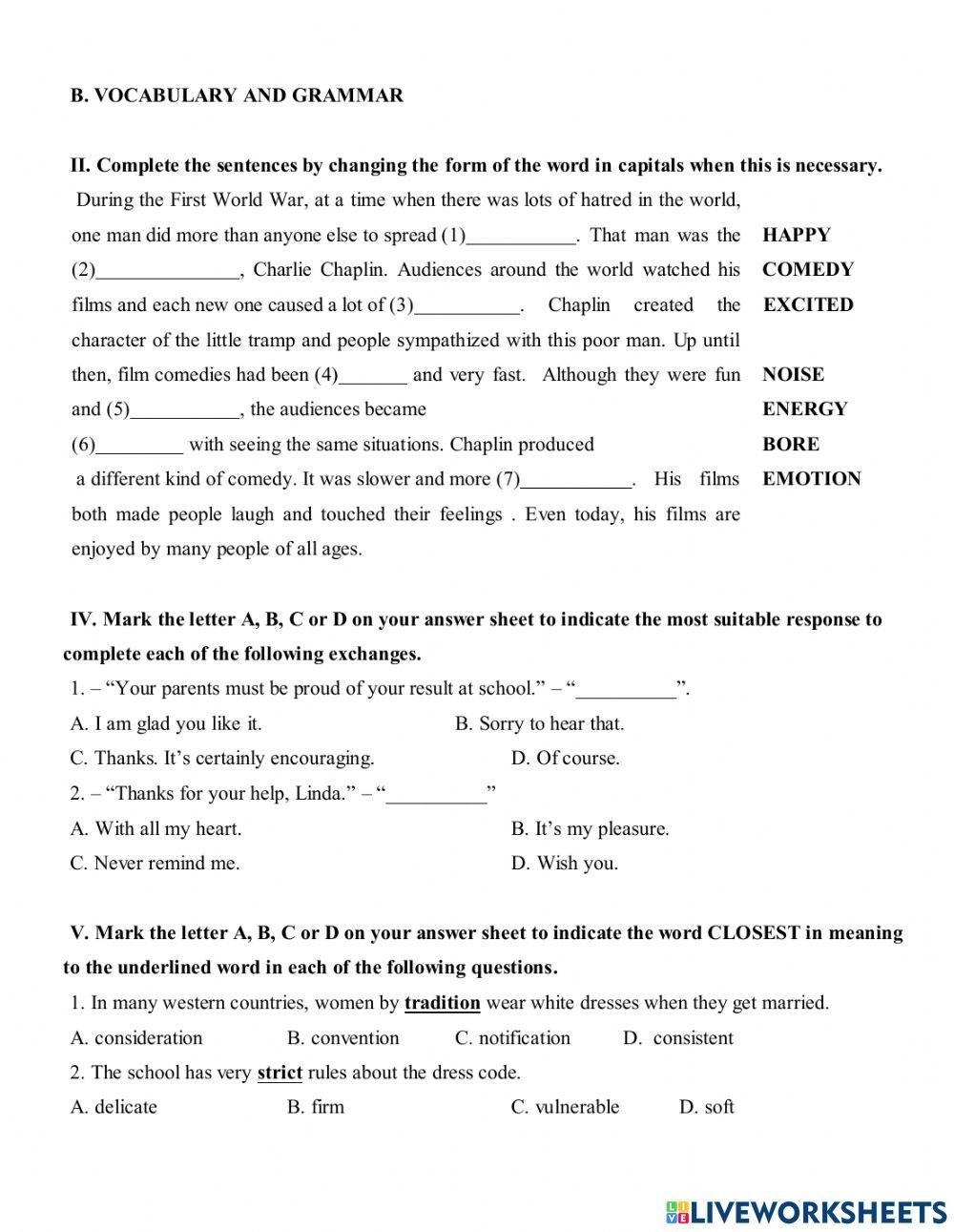 Grade 9 - Unit 4: Vocabulary &Grammar -2 worksheet | Live Worksheets