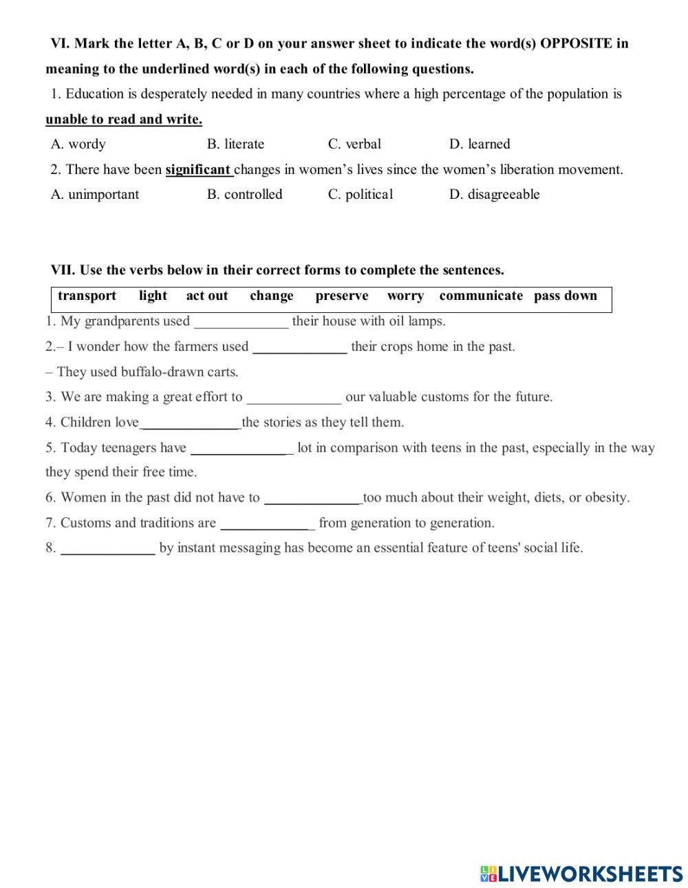 Grade 9 - Unit 4: Vocabulary &Grammar -2 worksheet | Live Worksheets