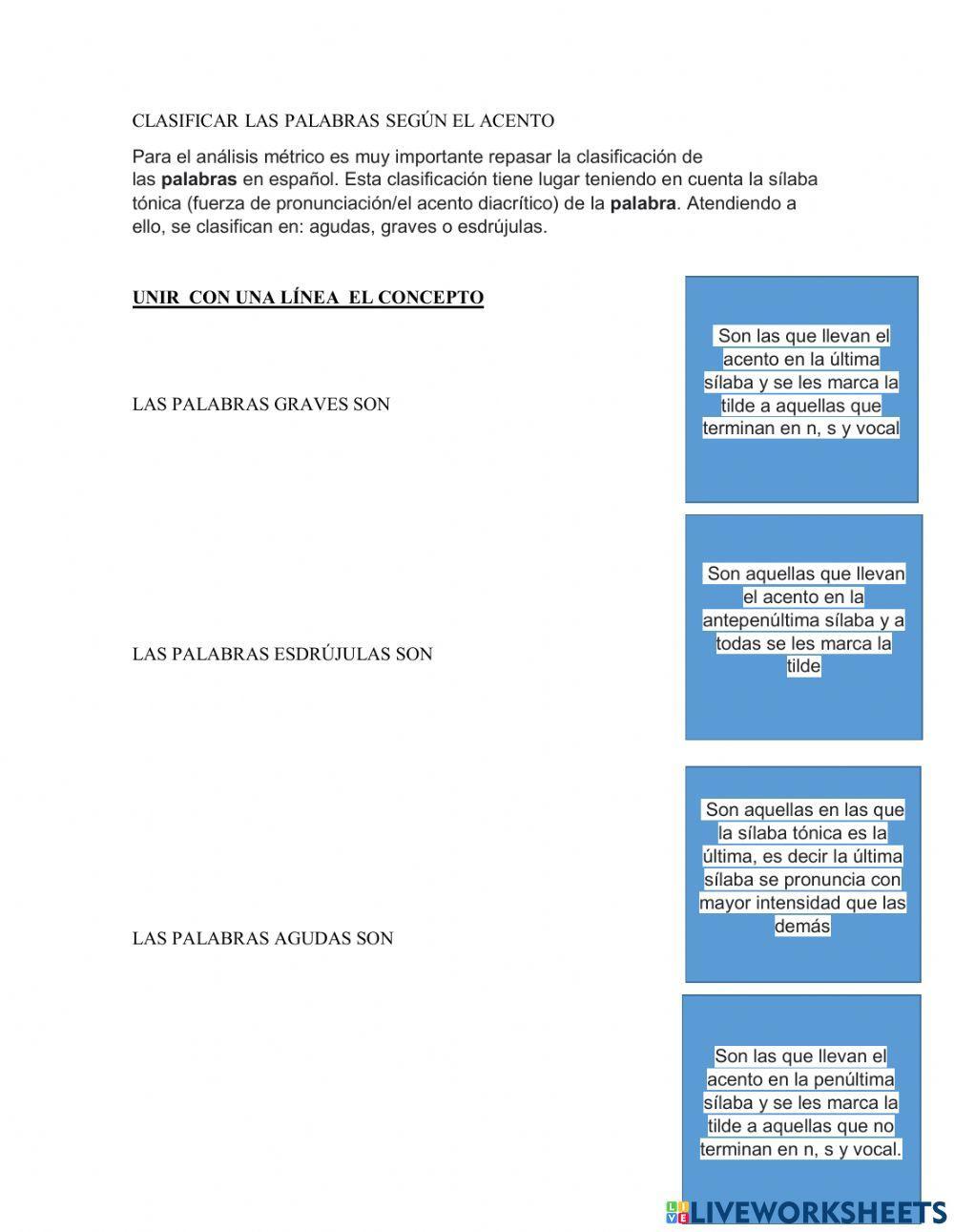 Clasificar las palabras según el acento worksheet | Live Worksheets