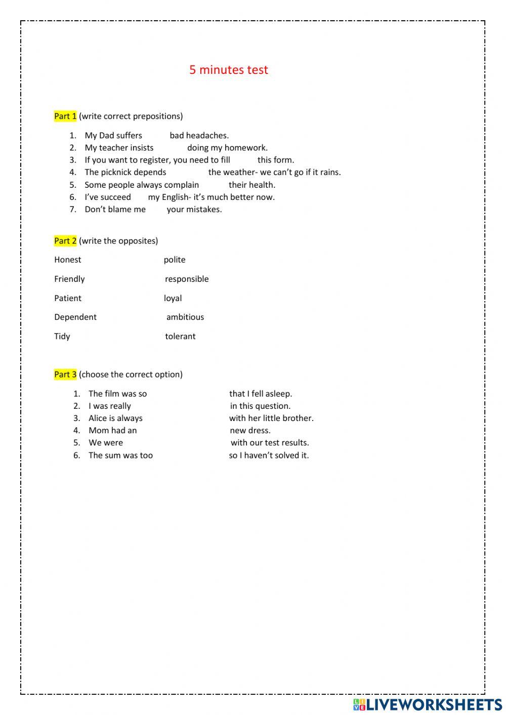5 minutes test 2 worksheet | Live Worksheets